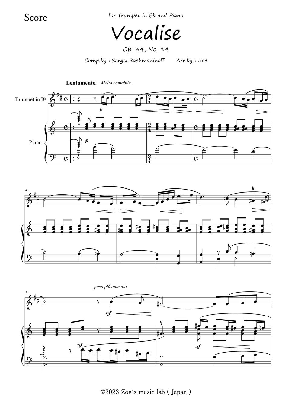 Rachmaninoff - Vocalise Op.34,No.14 / for Trumpet in Bb and Piano (ピアノ ...