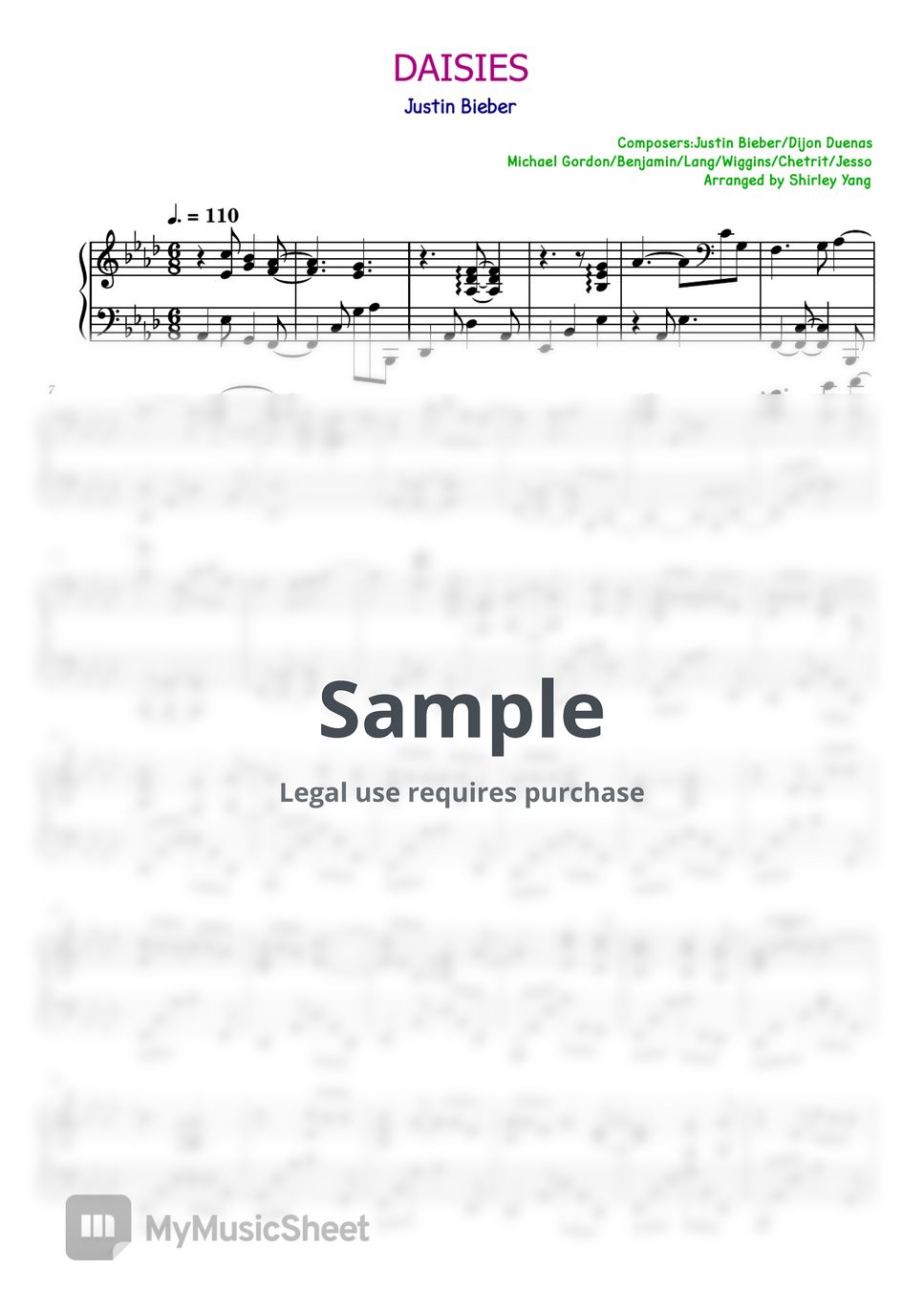 Justin Bieber - Daisies Sheet Music by Shirley Yang