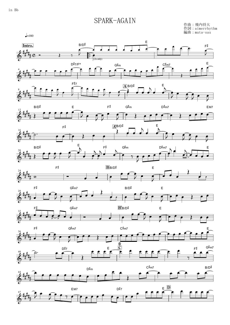 Fire Force Season 2 - SPARK-AGAIN (in Bb) Sheet by Aimer