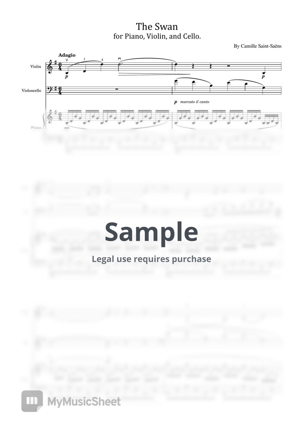 Camille Saint-Saëns - The Swan (Le Cygne) (Arr.for Piano, Violin, and Cello Trio - Full Score ...