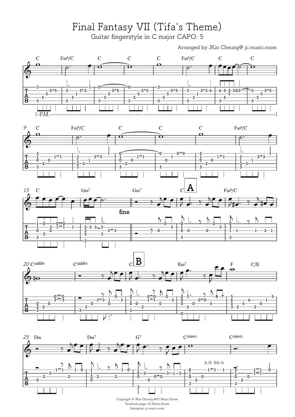 Final Fantasy 7 - Tifa's Theme Tab + 1staff by JKin Cheung@ JC.music.room