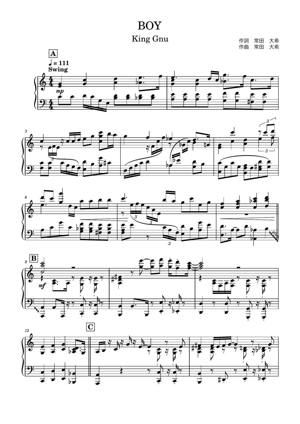 King Gnu - BOY (ピアノソロ / コード付) 楽譜 by あーちゅーぶ