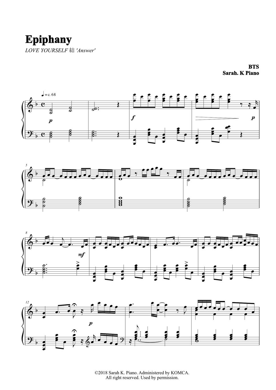 BTS - Epiphany Piano Cover by Sarah.K Piano Sheets