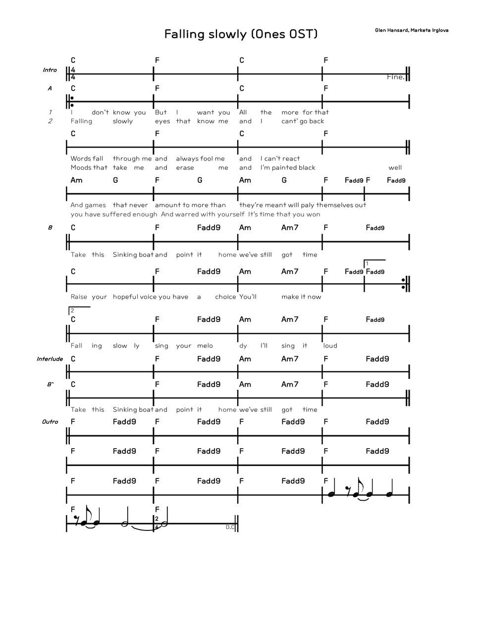 Glen Hansard, Marketa Irglova - Falling slowly (chord,Lylrcs +tab) TAB ...