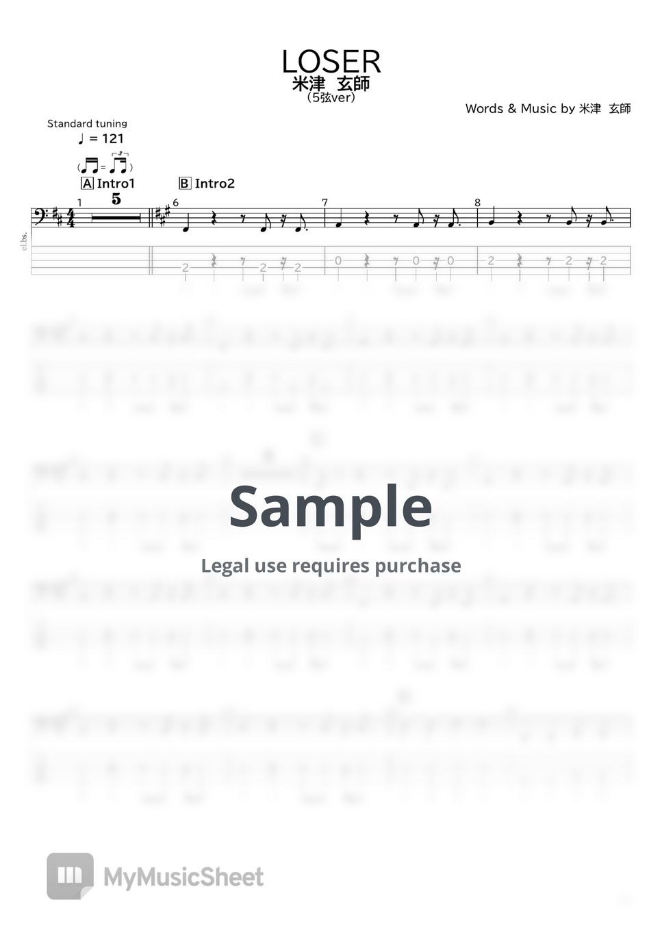 米津玄師/Kenshi Yonezu - LOSER(5弦ver) 악보 by たぶべー＠財布に優しいベース楽譜屋さん（BASS・TAB譜）