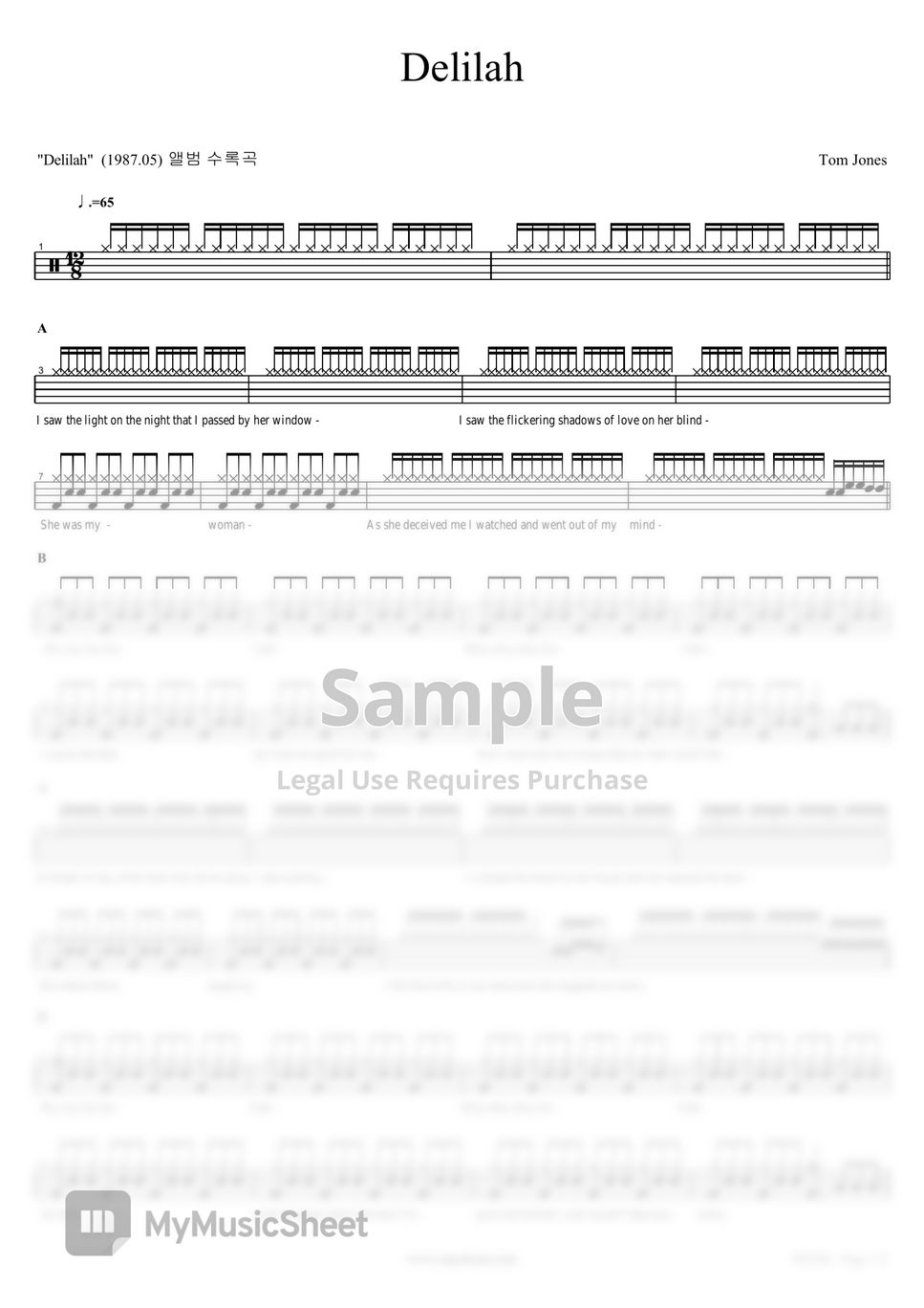 Tom Jones - Delilah Sheet Music by COPYDRUM