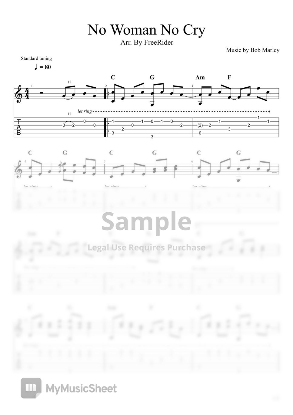 Bob Marley - No Woman No Cry (fingerstyle guitar 핑거스타일 기타) 악보 by FreeRider