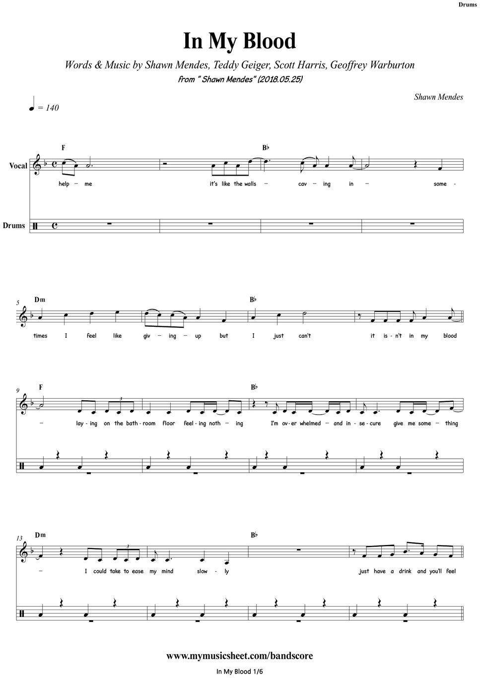 In My Blood - Shawn Mendes | Drums 드럼 แผ่น