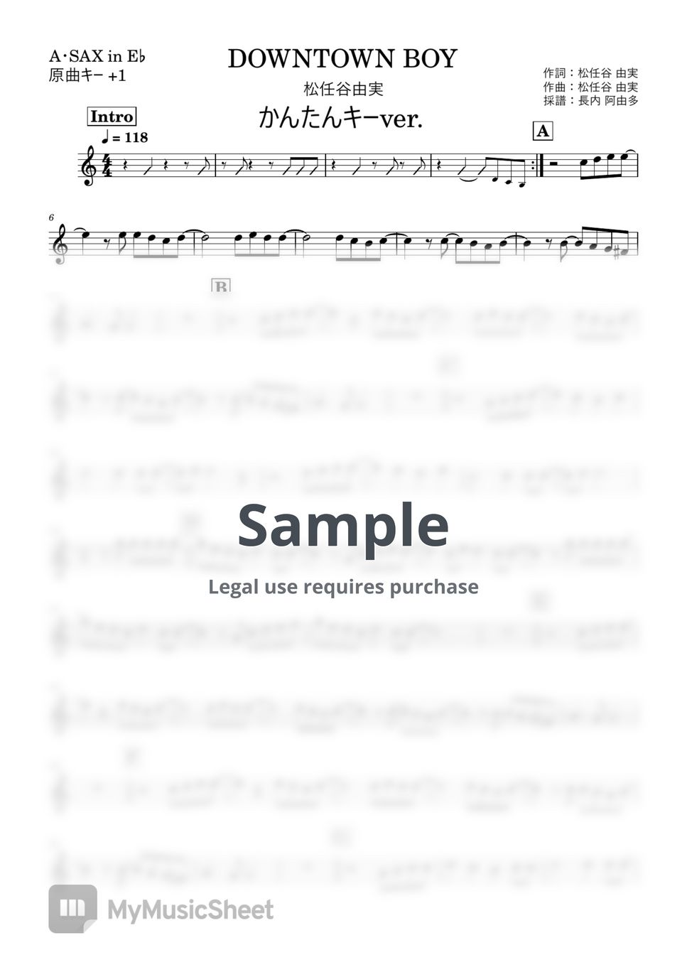 松任谷由実 - DOWNTOWN BOY A・SAX かんたんキー(原曲+1) Sheet Music by Ayu Saxophone & Sheet Music