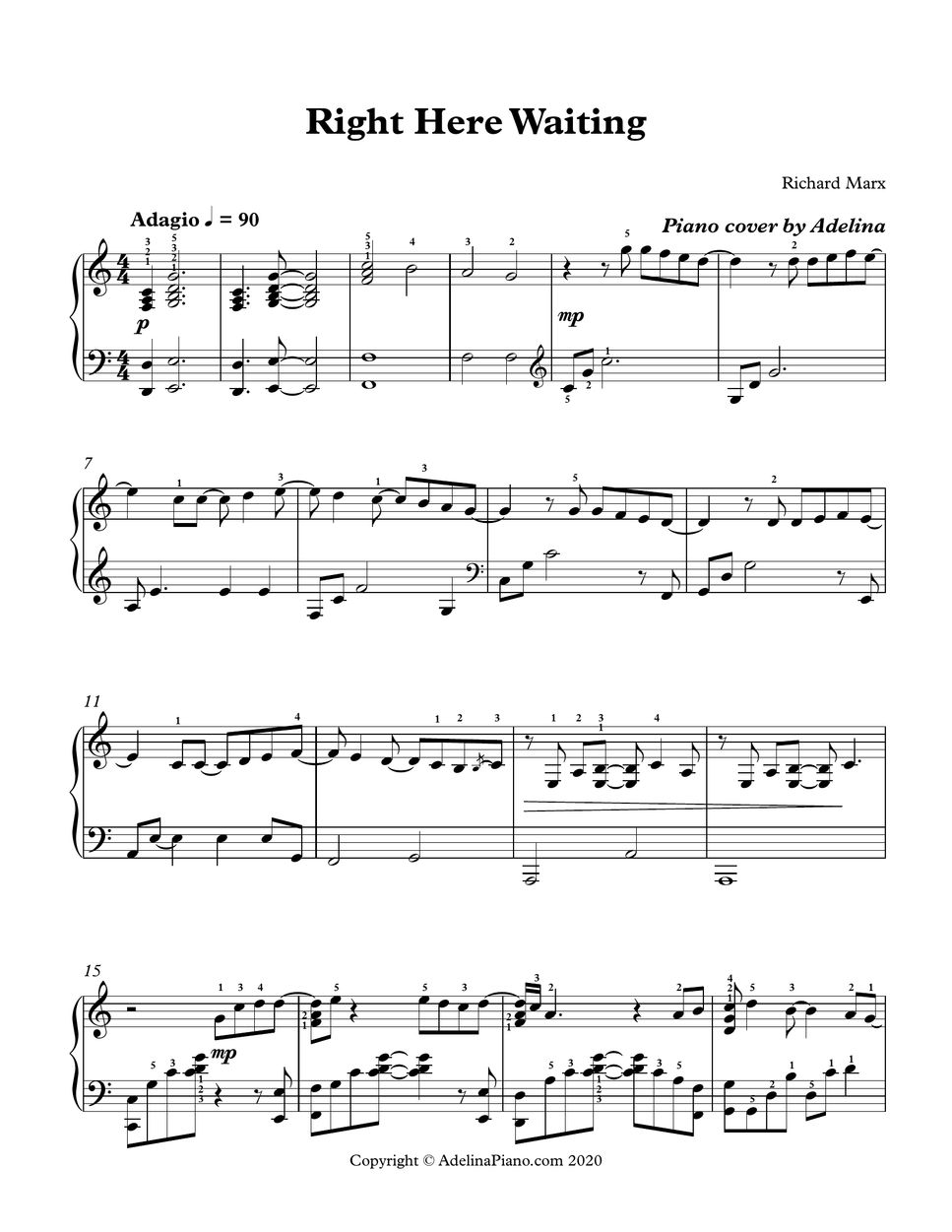 Richard Marx - Right Here Waiting Sheets by Adelina Piano