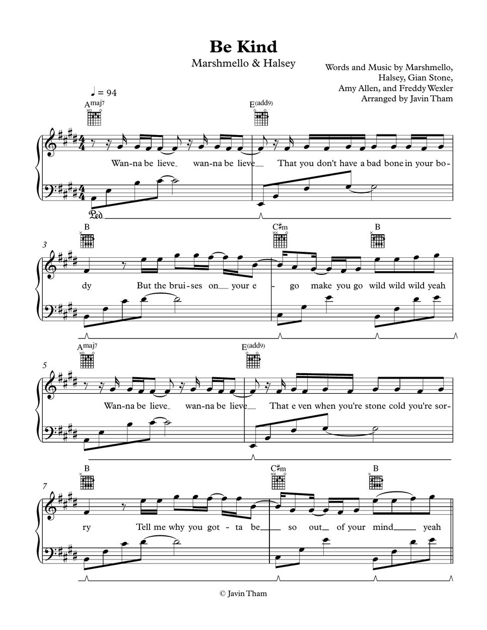 Marshmello & Halsey - Be Kind Sheet by Javin Tham