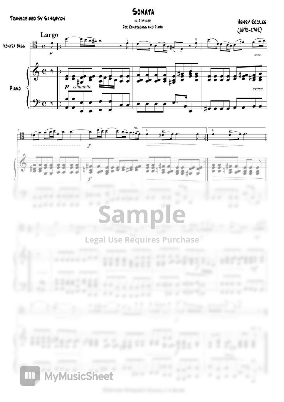 Henry Eccless - Sonata in G minor 1.Largo for Double Bass Orchestra ...