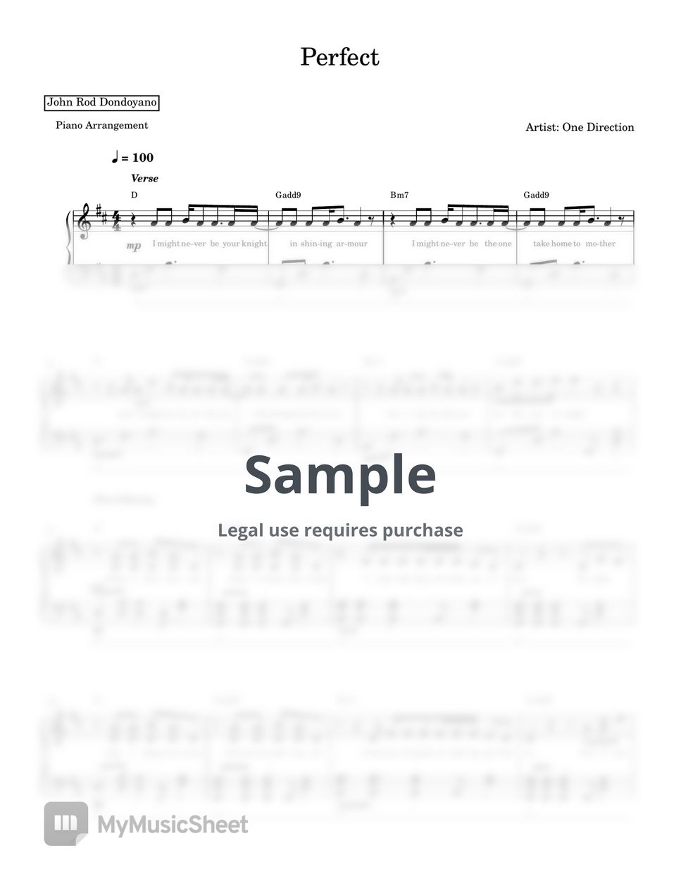 One Direction - Perfect (PIANO SHEET) Sheet Music by John Rod Dondoyano