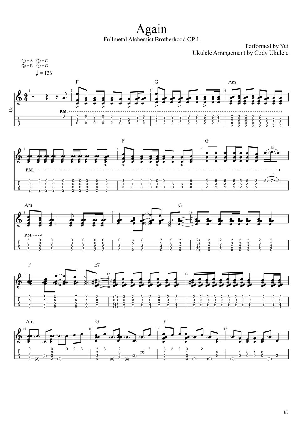 YUI - Again Tab + 1staff by Cody Ukulele