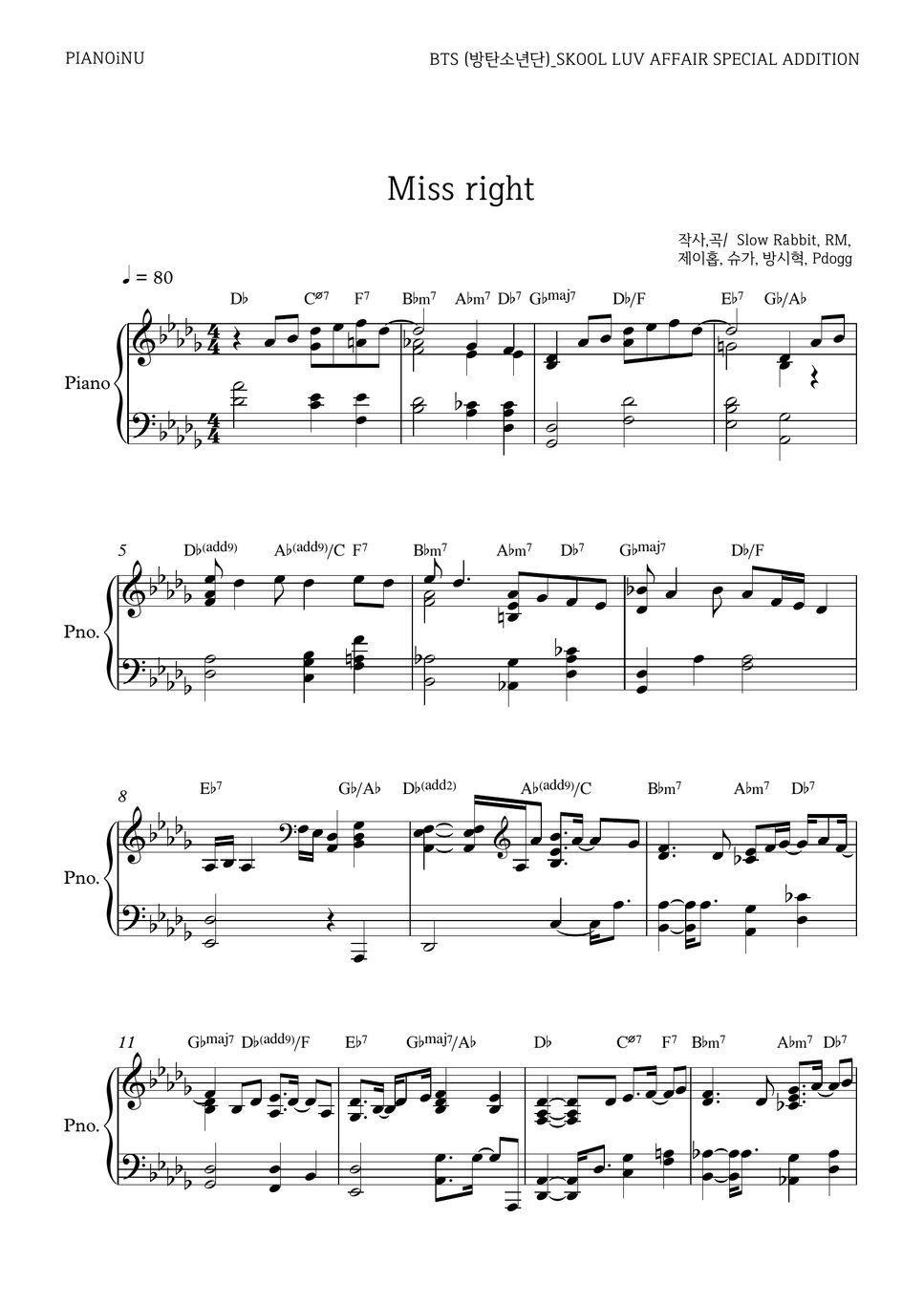 BTS (방탄소년단) - Miss Right PIANOiNU Partition musicale