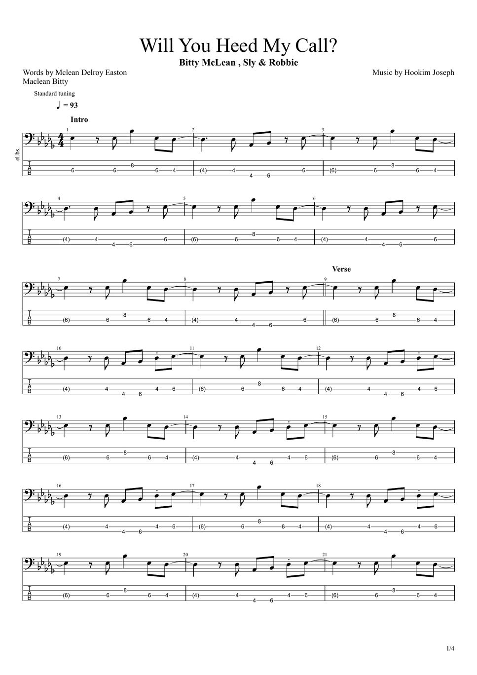 Bitty McLean / Sly & Robbie - Will You Heed My Call? 楽譜 by まっきん