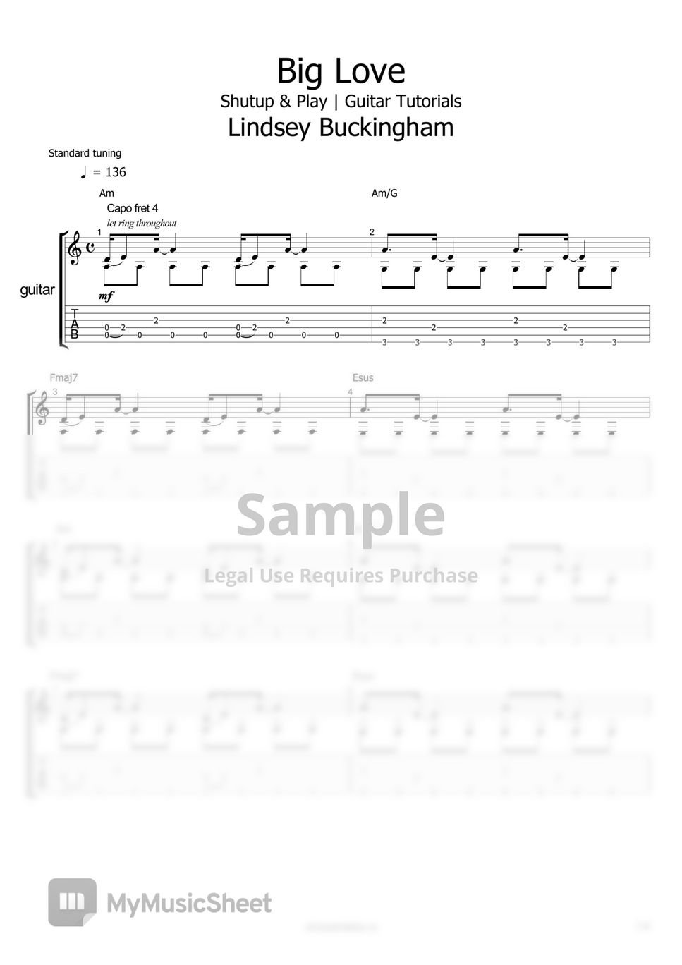 Fleetwood Mac | Lindsey Buckingham - Big Love (Live) 楽譜 by Shutup & Play Guitar Tutorials