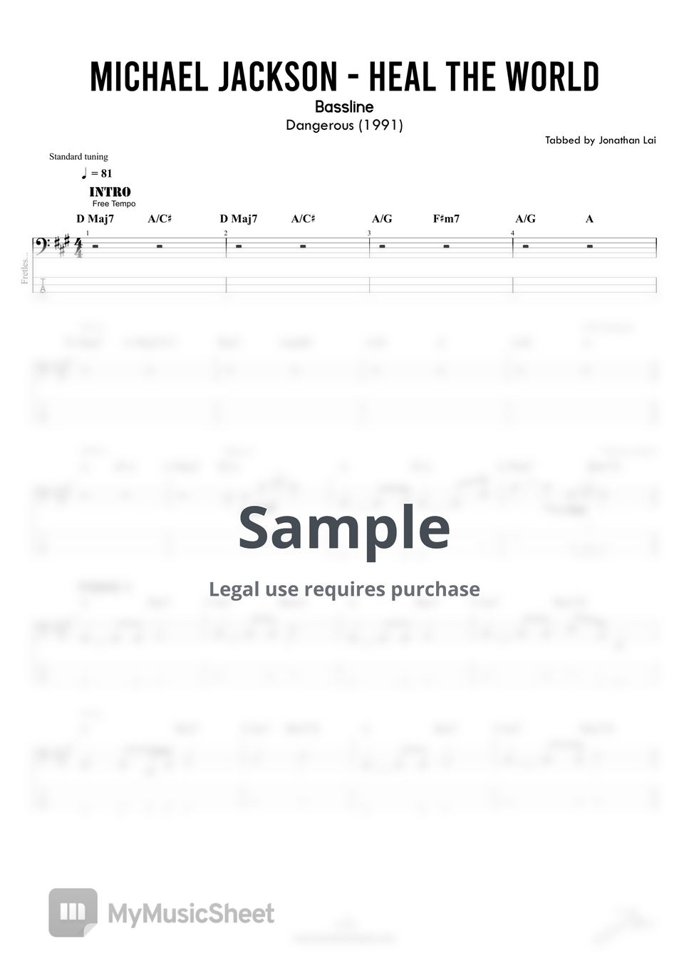 Michael Jackson - Heal The World (Bass Guitar Score) Sheets by Jonathan Lai