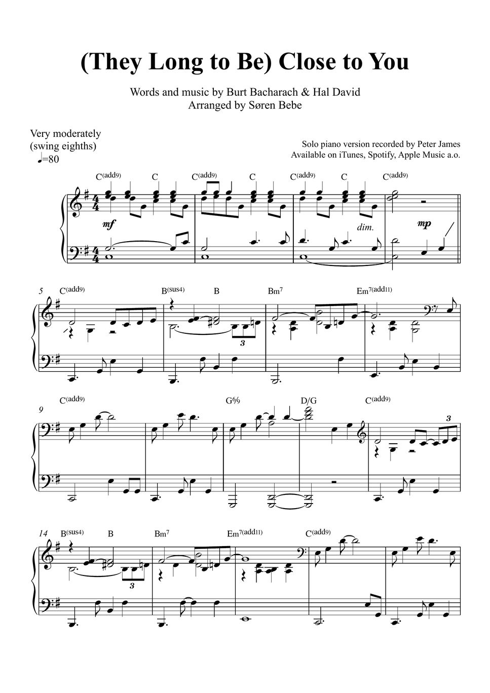 The Carpenters - (They Long to Be) Close To You (Solo Piano) Sheets by ...
