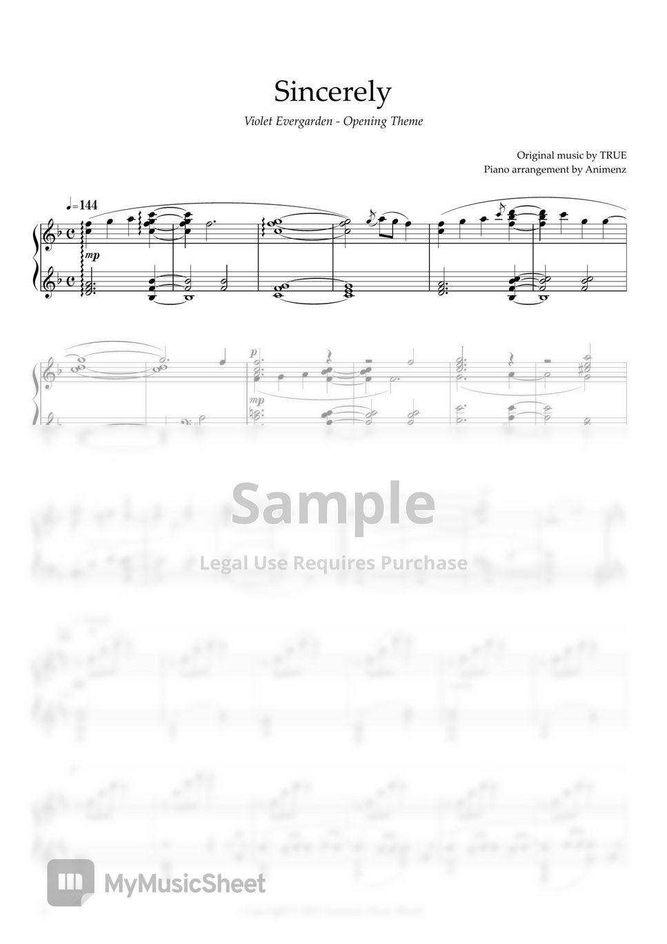 TRUE - Sincerely (Violet Evergarden OP) Sheets by Animenz