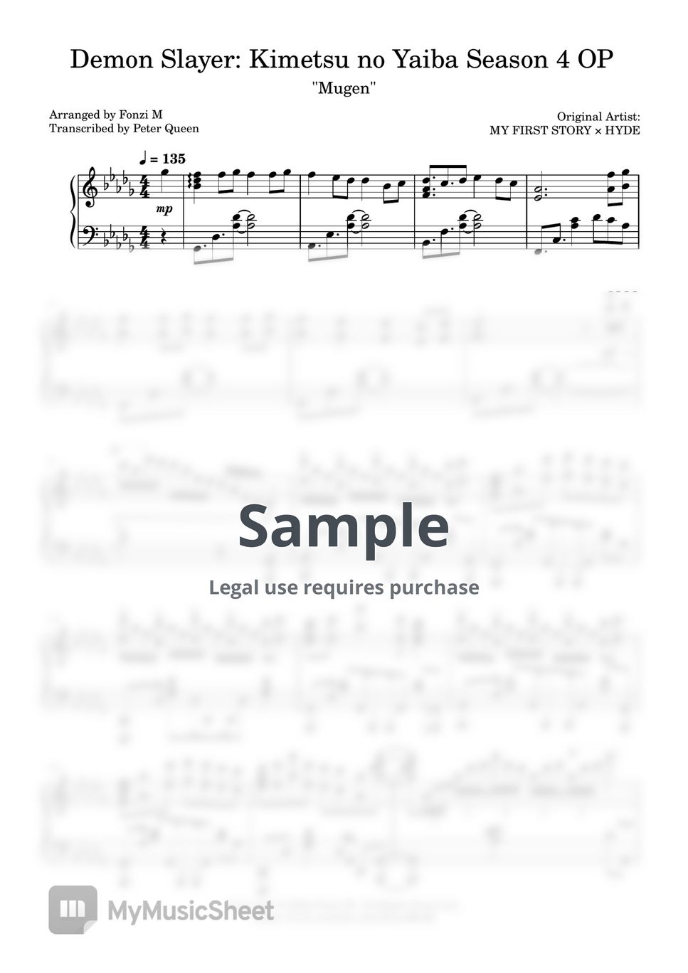 MY FIRST STORY × HYDE - Demon Slayer: Kimetsu no Yaiba Season 4 OP - Mugen Sheet Music by Fonzi M
