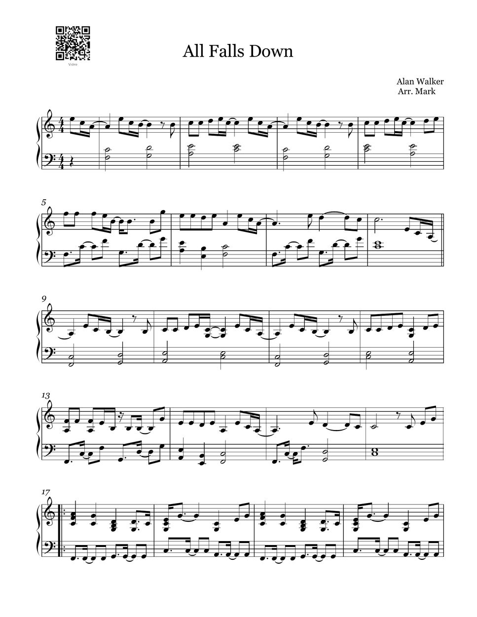 Alan Walker - All Falls Down (Piano version) by Mark Piano 楽譜