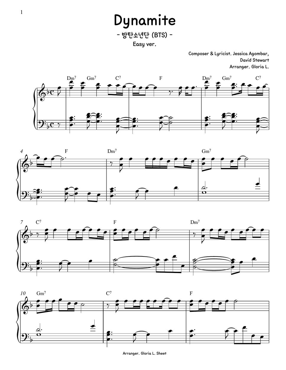 방탄소년단 Bts Dynamite Transpose Key Sheet By Gloria L