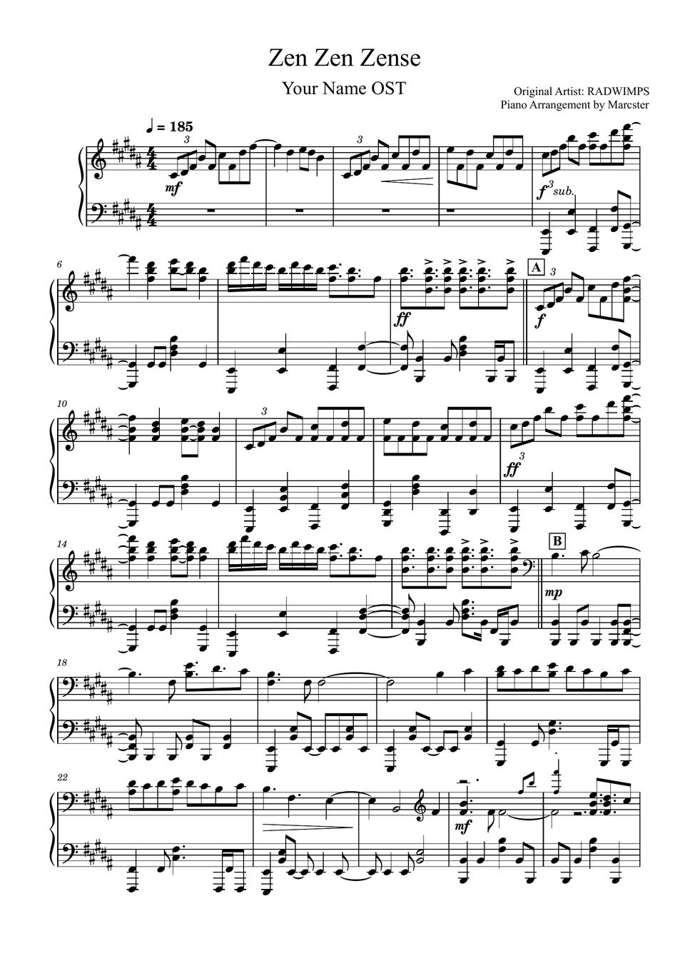 RADWIMPS - Zen Zen Zense (前前前世) 악보 by Piano Arrangement by Marcster