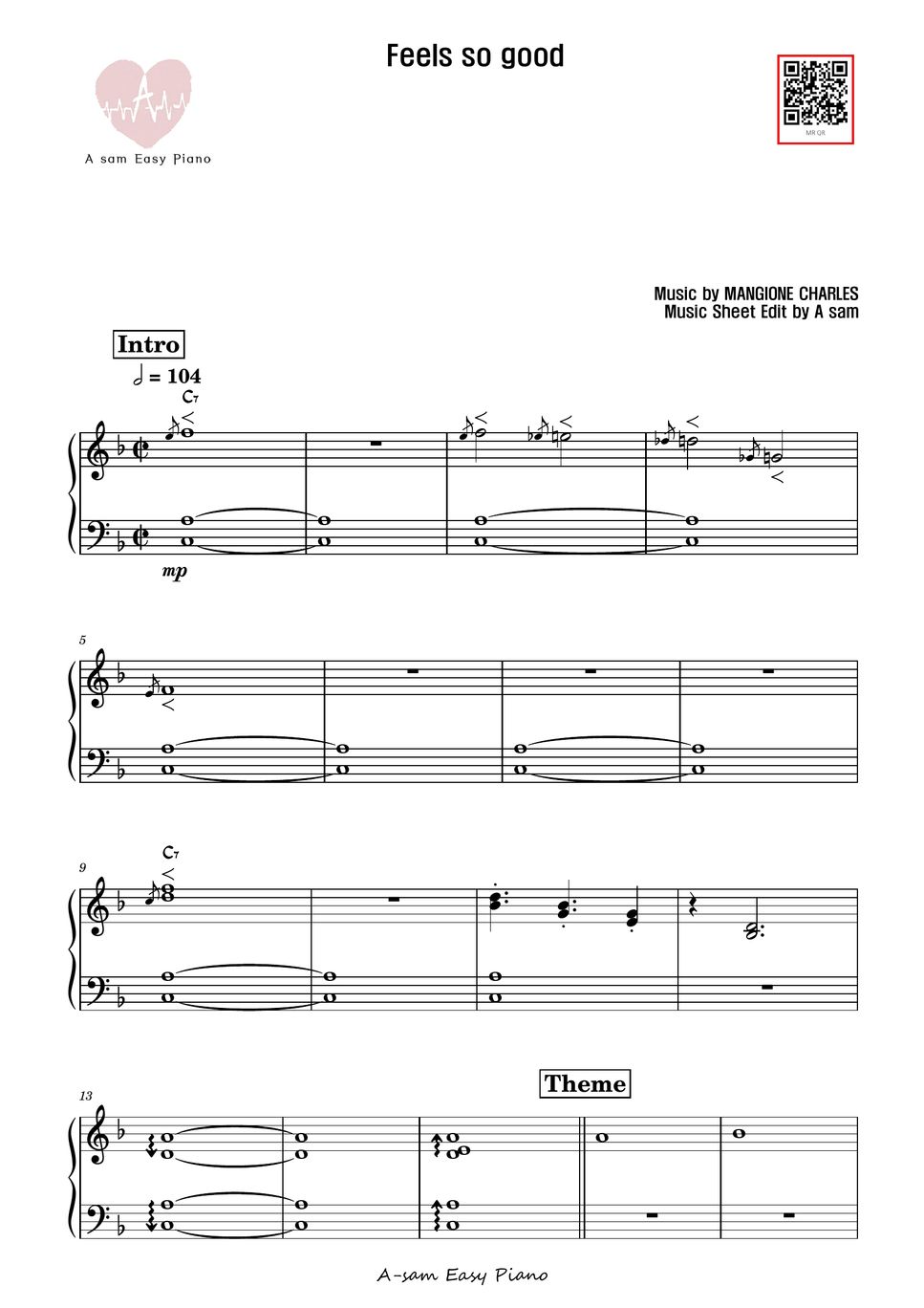 Chuck Mangione - Feels So Good (簡単初級アレンジ) 楽譜 by A-sam