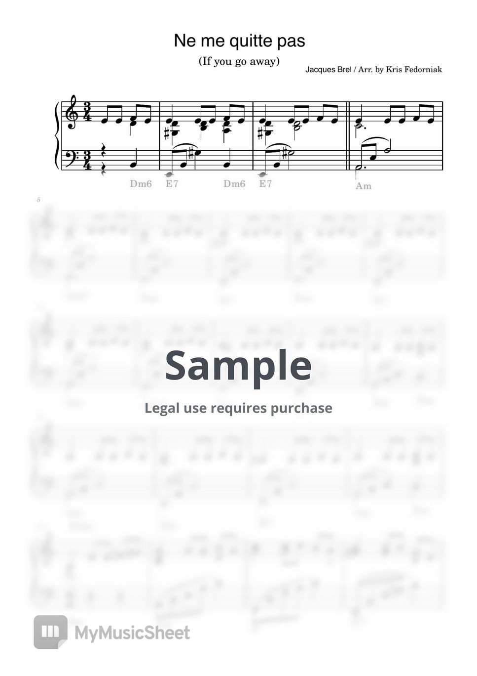 Jacques Brel - Ne me quitte pas (Piano Solo) Sheet Music by Kris Fedorniak