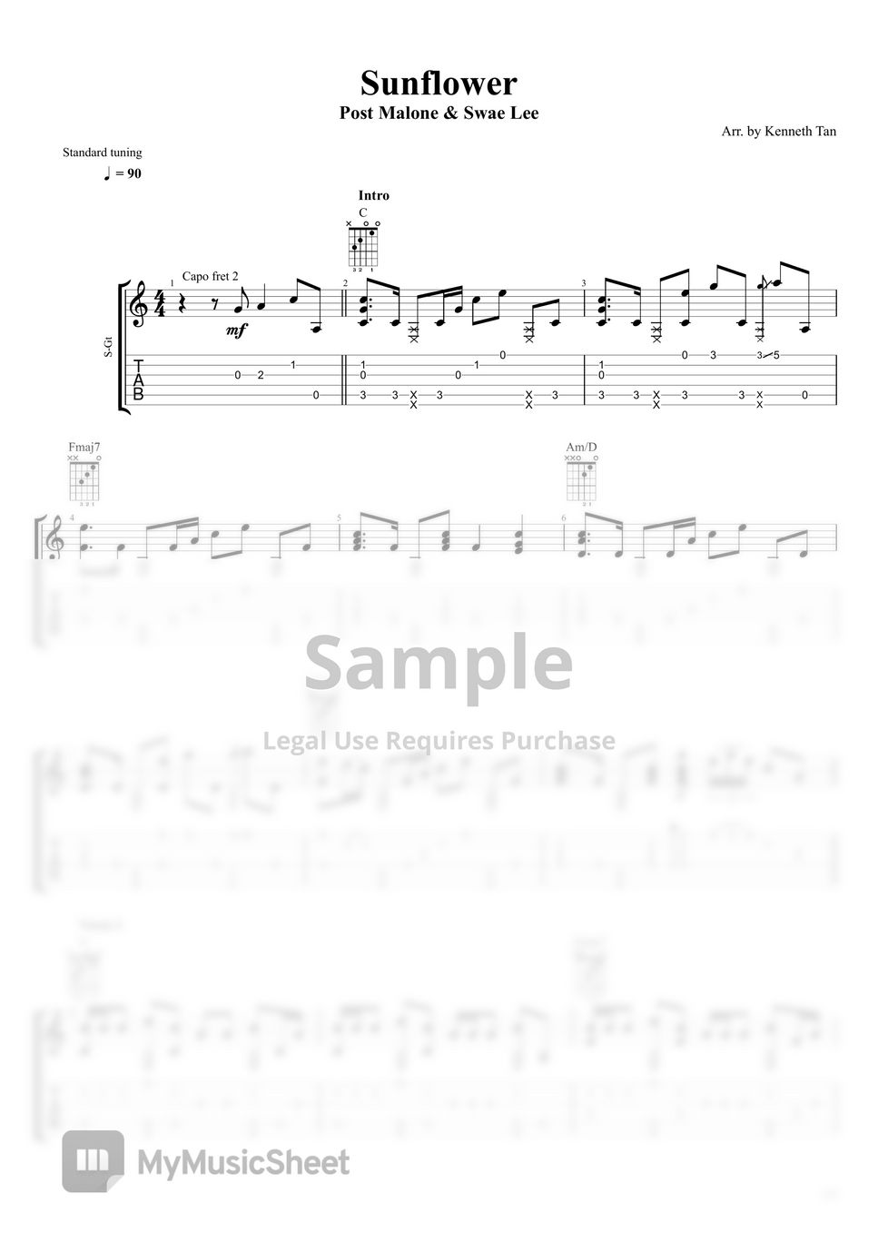 Post Malone & Swae Lee | Fingerstyle Guitar - Sunflower Sheet Music by ...