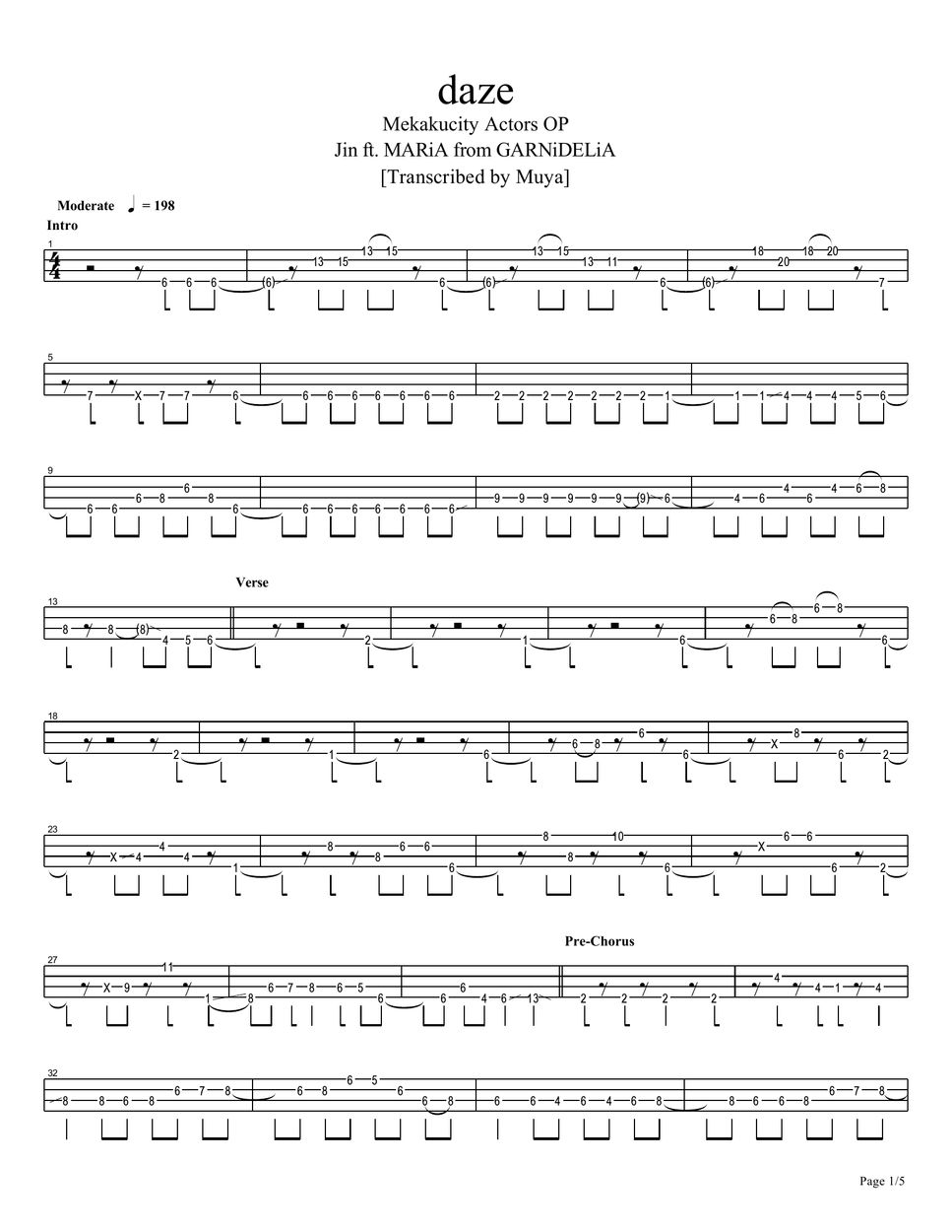 Jin - daze (Bass TAB) Partition musicale by Muya