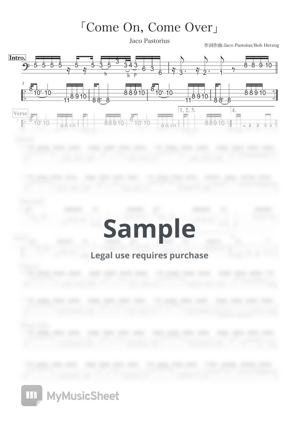 Jaco Pastorius - Come On, Come Over (ベース譜/TAB譜のみ) Sheets by きどりん