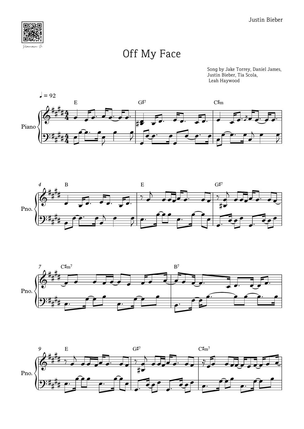 Justin Bieber - Off My Face Sheet by PIANOiNU