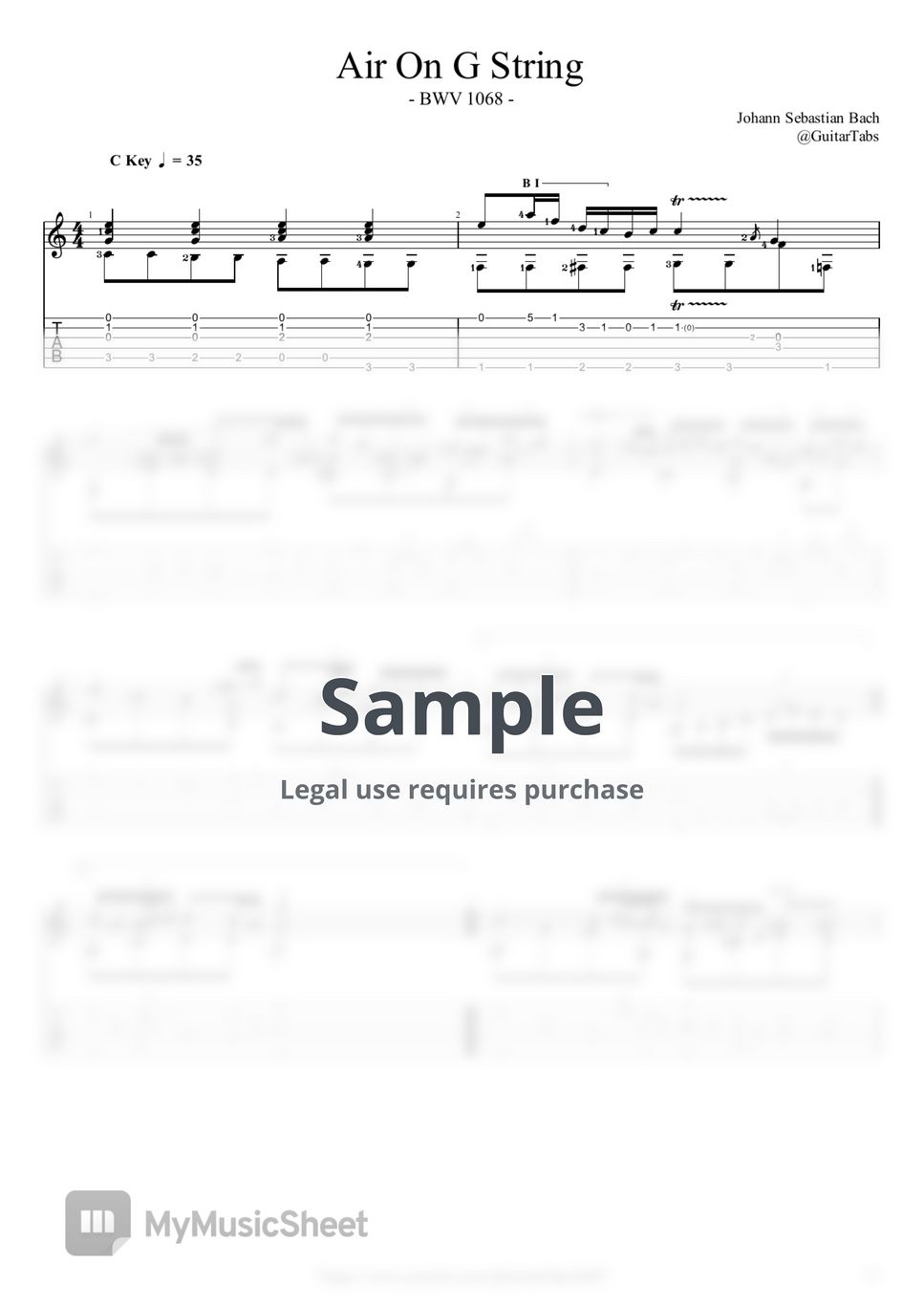 J.S. Bach - Air On G String (BWV1068) (오선+타브+운지(Staff+TAB+Fingering ...