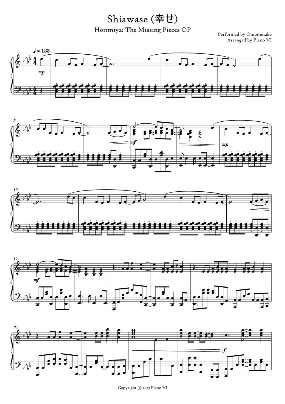 Omoinotake - Shiawase 曲谱 by Piano VI