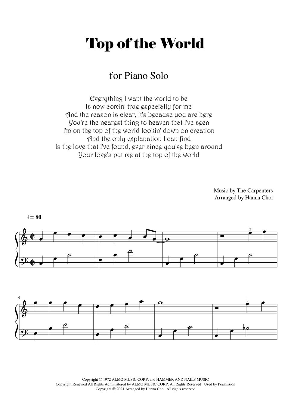 The Carpenters - Top of the World (for Piano Solo) Sheets