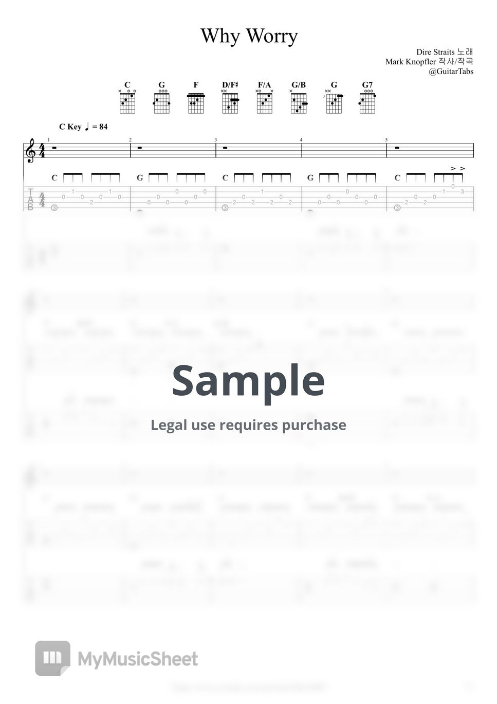 Dire Straits - Why Worry (C Key / Easy TAB / Lyrics) Sheets by 624 TABs