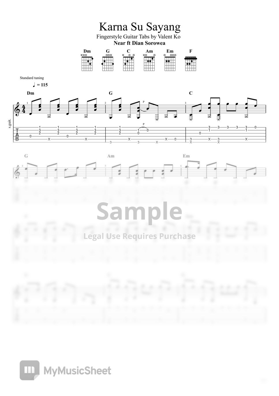 Near - Karna Su Sayang Acoustic Guitar TAB PDF | Valent Ko | mymusic5