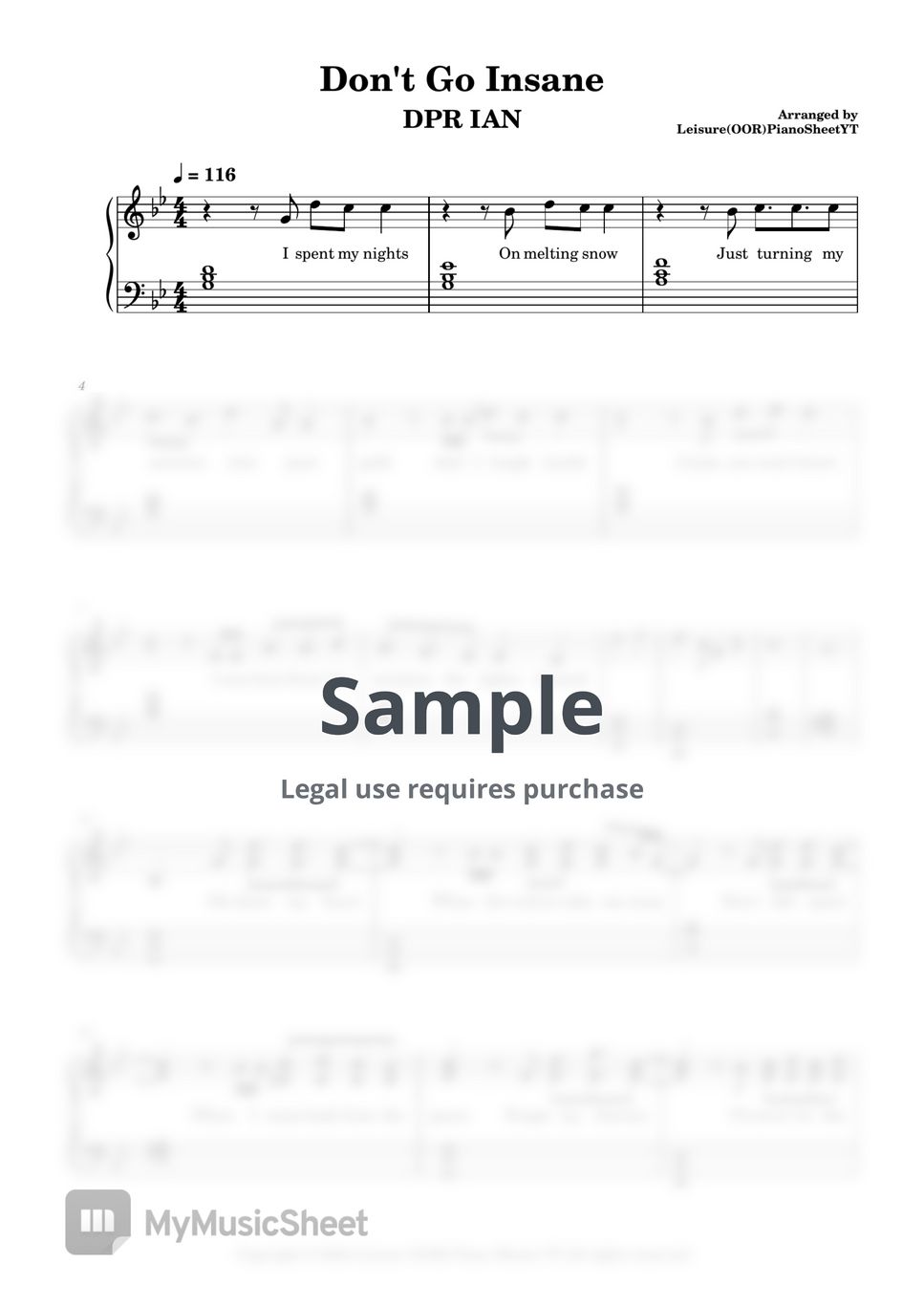 DPR IAN - Don't Go Insane 악보 by Leisure (OOR) Piano Sheets YT