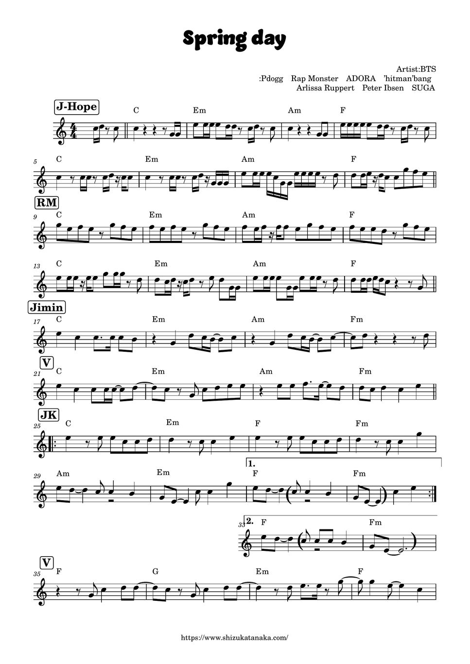 BTS - Spring day (backing track/Alto sax/Key = C Major) Hoja by syzkah