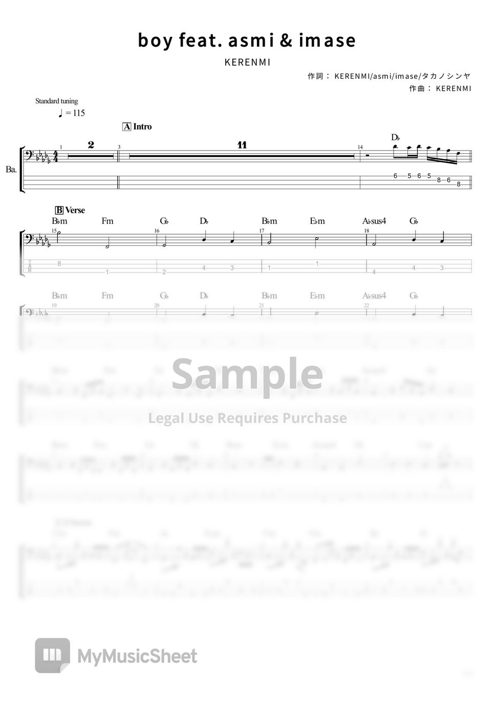 KERENMI - boy feat. asmi & imase (ベース Tab譜 4弦) TAB+1 Staff by T's bass score