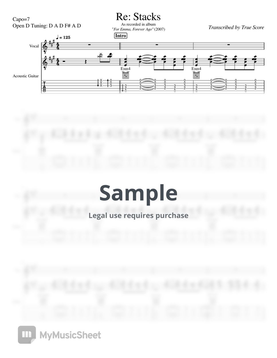Bon Iver - Re: Stacks Sheets by True Score