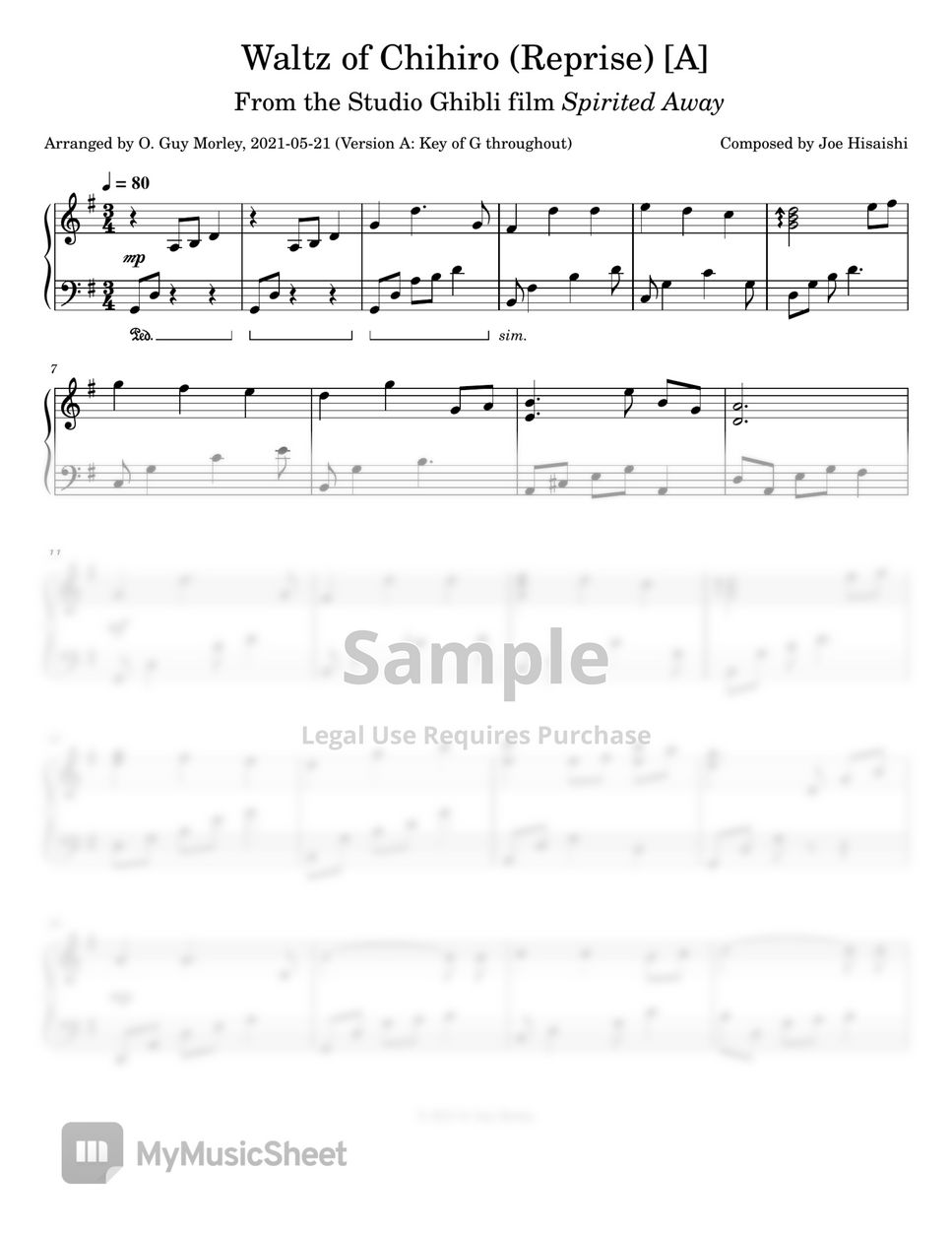 Spirited Away - Waltz of Chihiro (Reprise) (Piano Solo) Sheet Music by O. Guy Morley