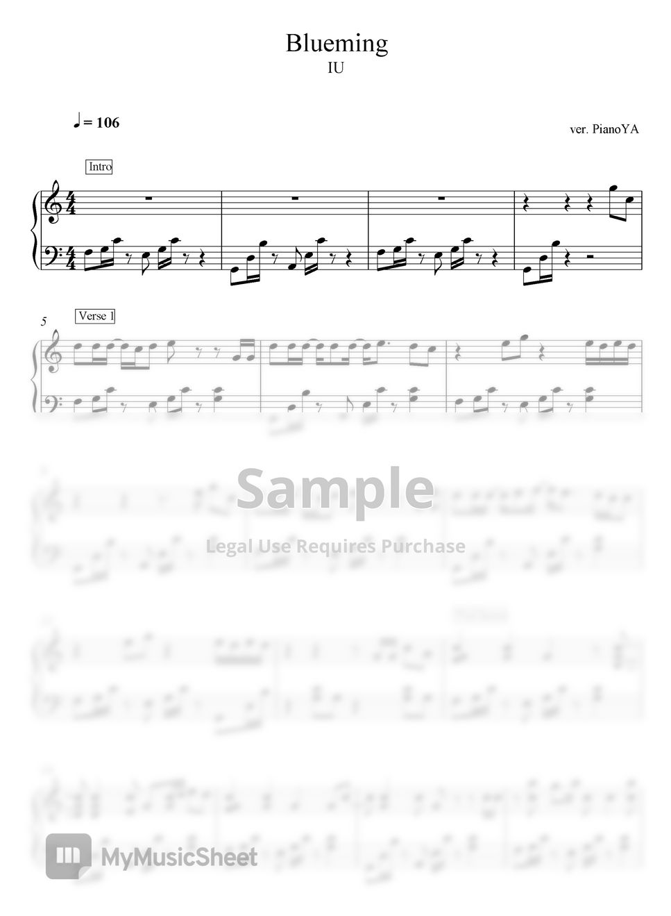 IU(아이유) - Blueming Sheet Music by PianoYA