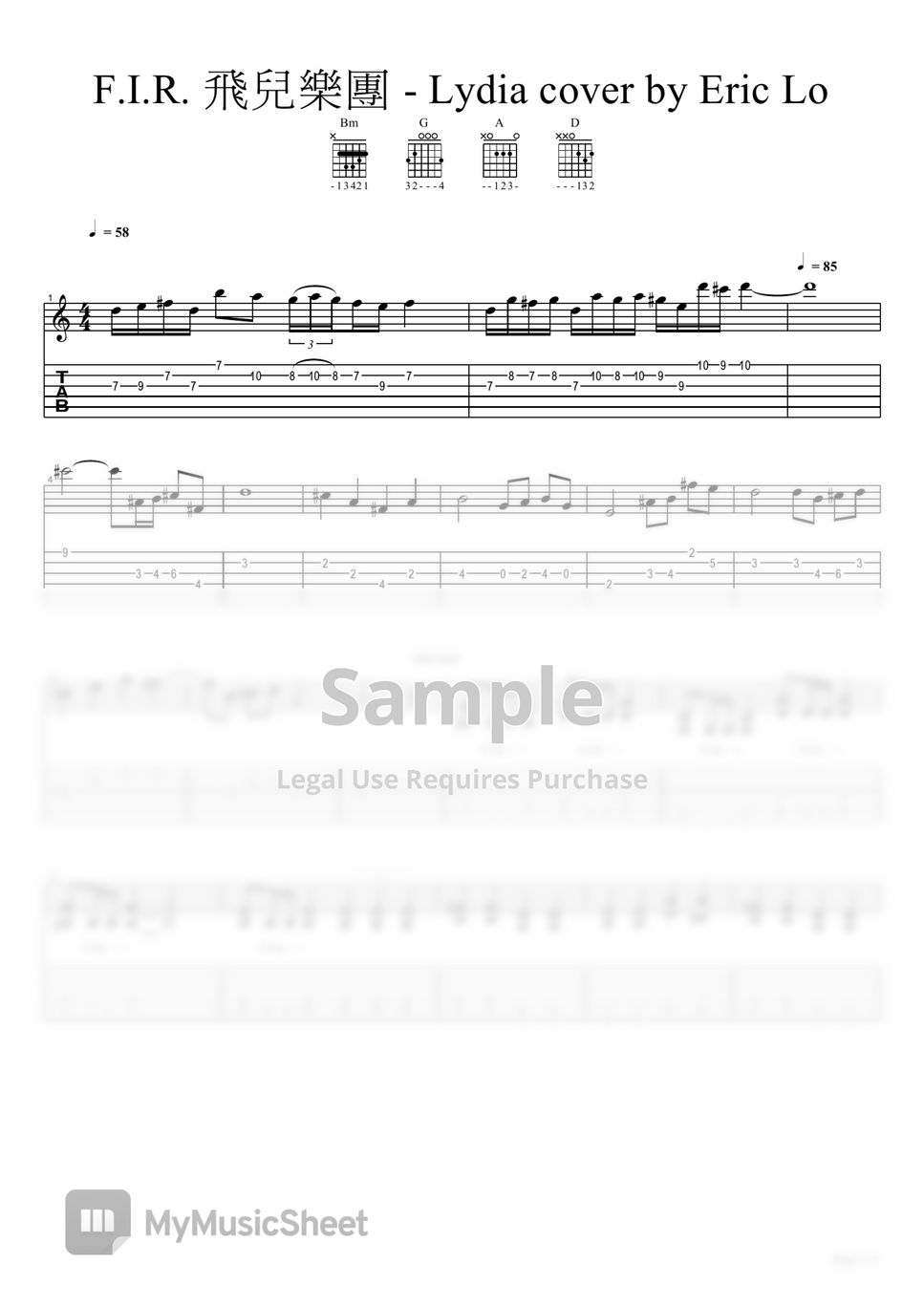 F.I.R. 飛兒樂團 - Lydia guitar cover Tab + 단선 악보 by Eric Lo