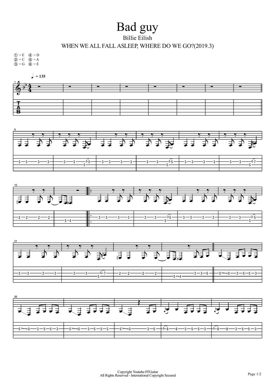 Billie Eilish - bad guy Guitar Partition musicale by ffguitar