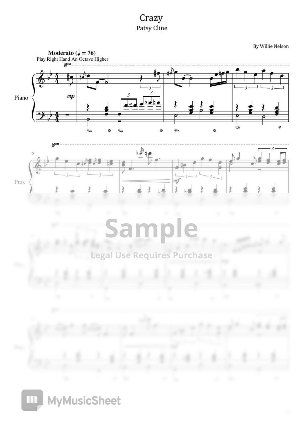 Willie Nelson - Crazy (Patsy Cline - For Piano Solo) 악보 by poon