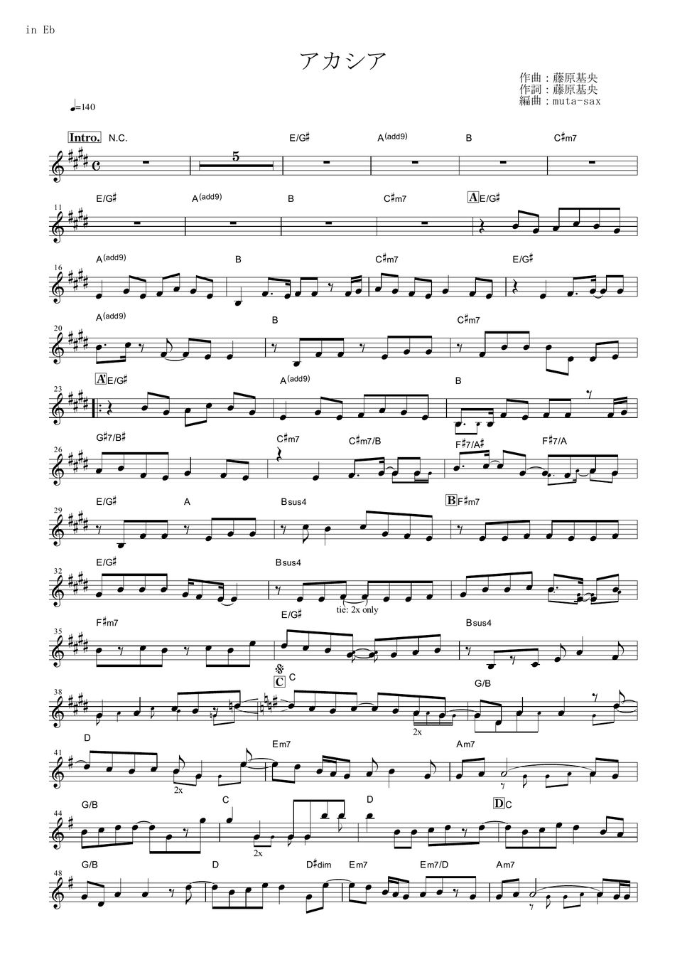 Pokémon - Acacia (in Eb) Sheet by BUMP OF CHICKEN