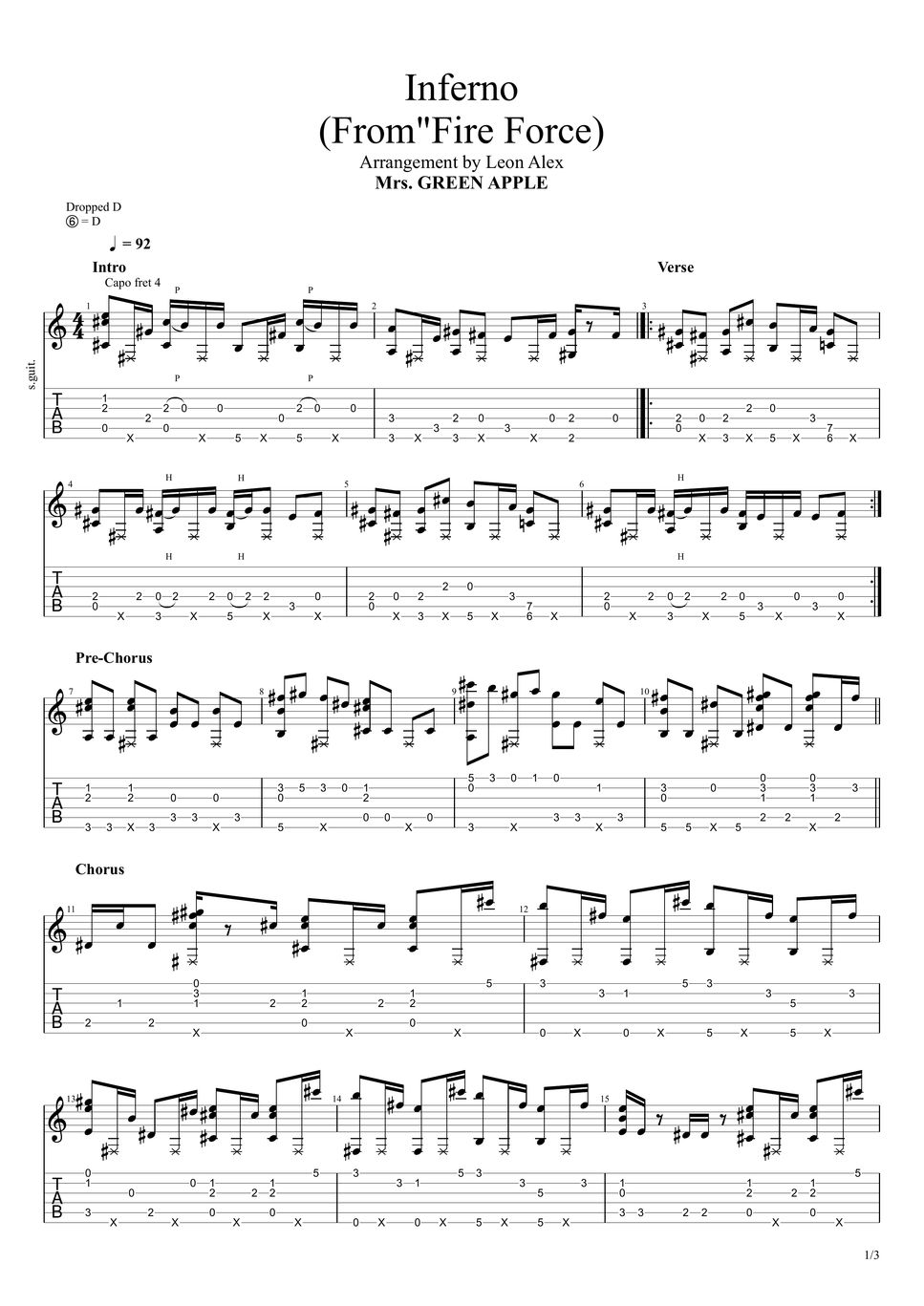 Mrs. GREEN APPLE - Inferno (From "Fire Force") (Fingerstyle) TAB by ...
